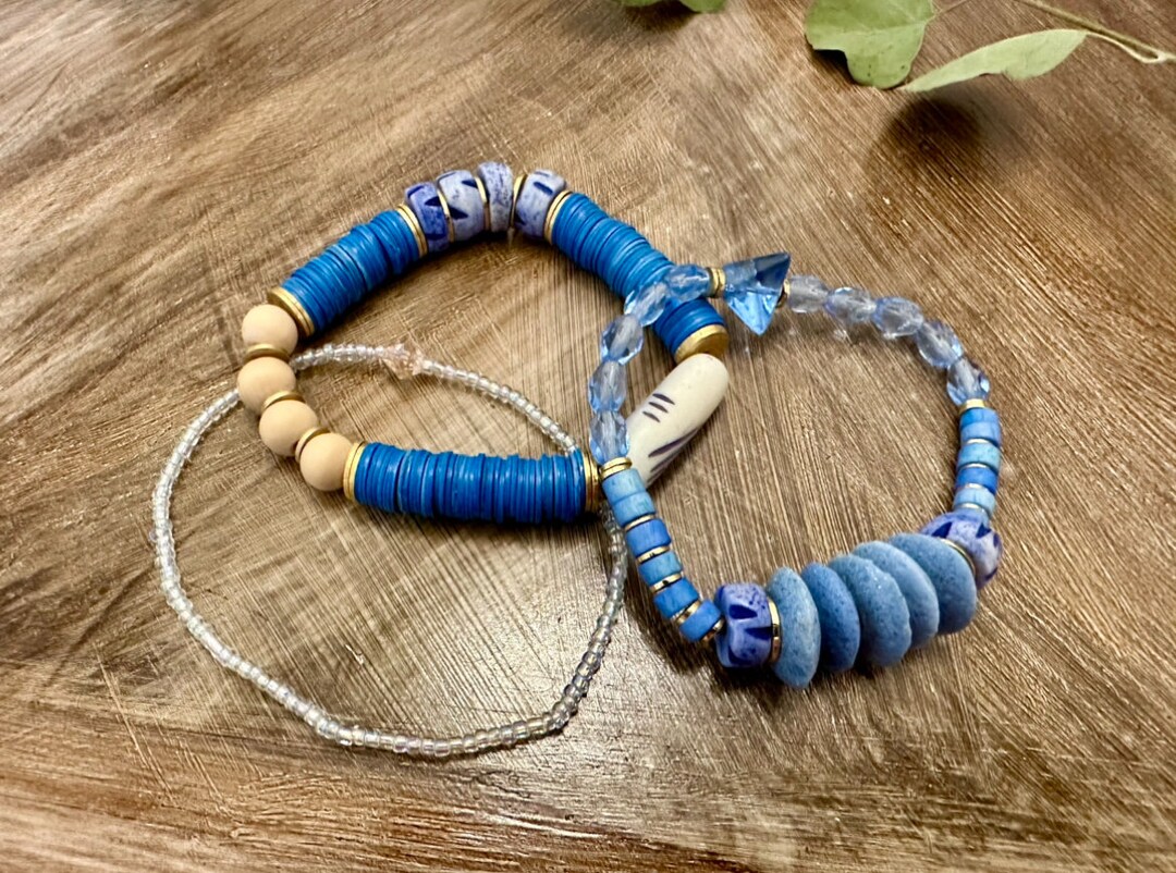 Stack of 3 Layering Bracelets. Made Uniquely With Wood, Blue Polymer ...