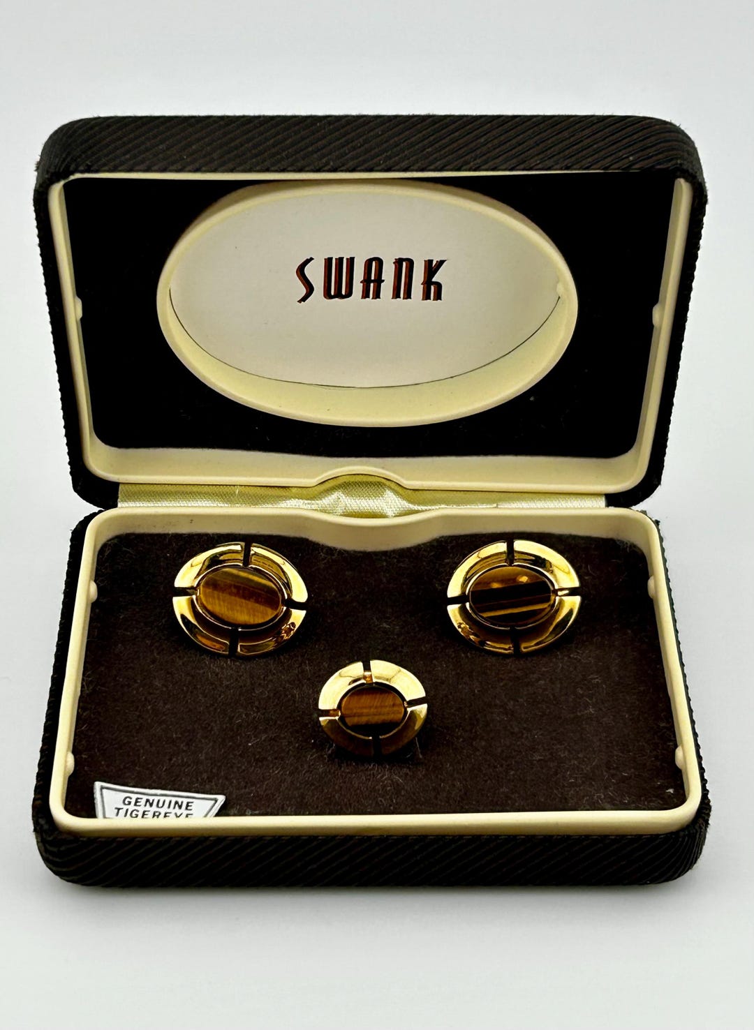 Vintage Swank Cufflinks and Tie Pin Box Set Genuine Tigers Eye and Gold ...