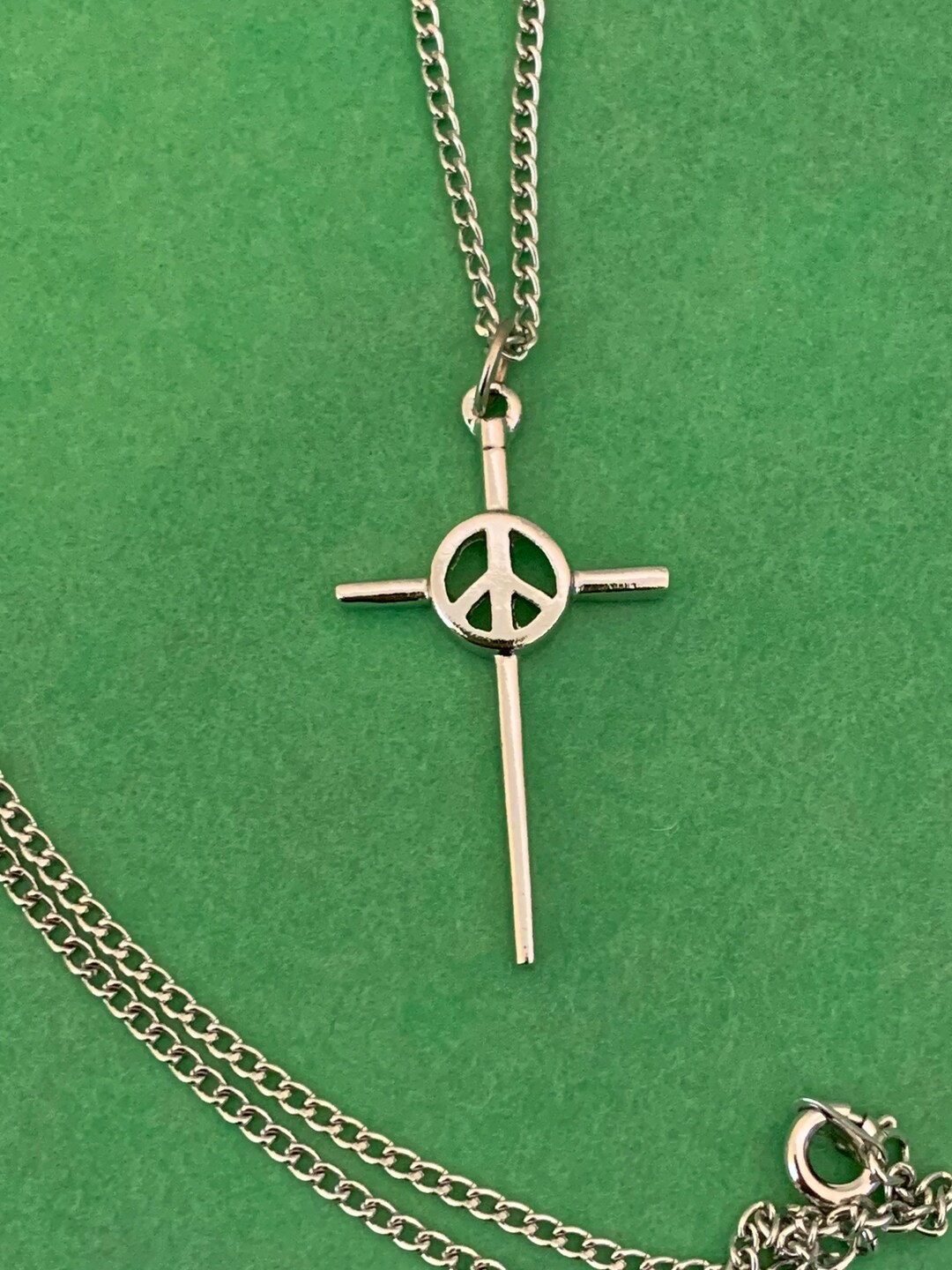 Vintage Peace Sign Cross Necklace Silver Tone 18in. Chain 1990s New Old ...