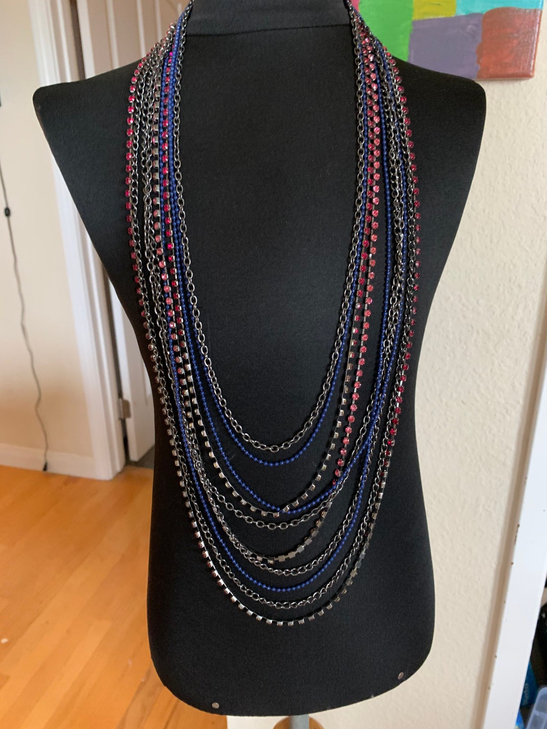 Vintage 1980s Multi Strand Pink Rhinestones Purple Ball Chain and Black ...