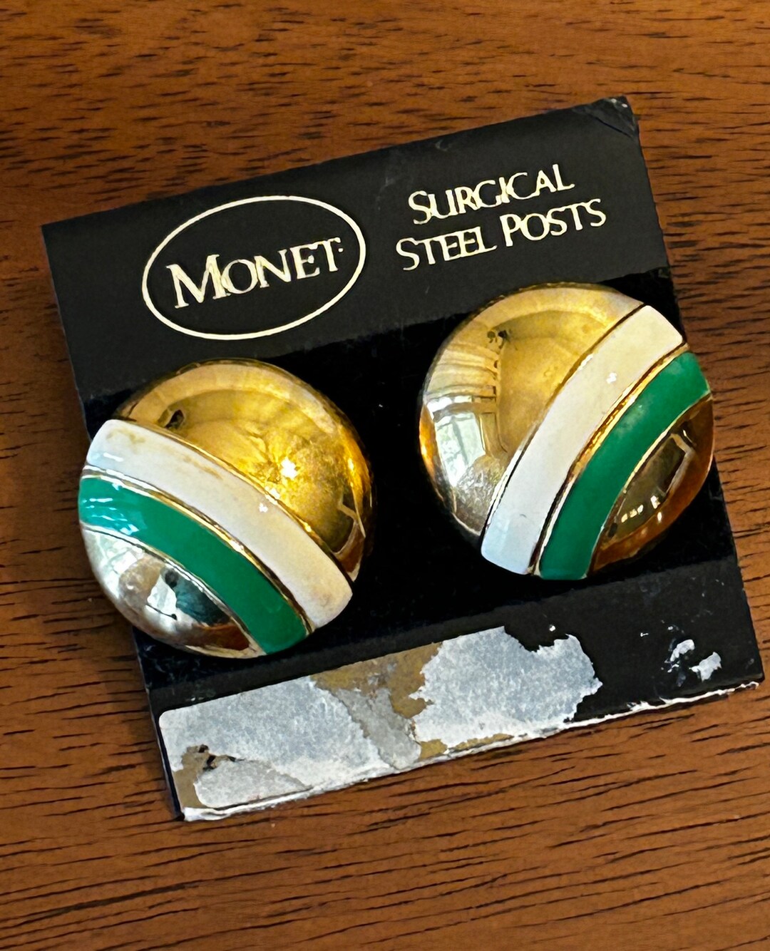 1980s Monet Earrings Gold Tone With Green and White Enamel Design Monet ...