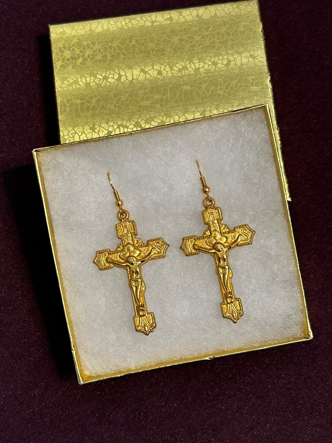 Rosary Vintage Crucifix Earrings Gold Tone Light Weight Gold Plated Ear ...