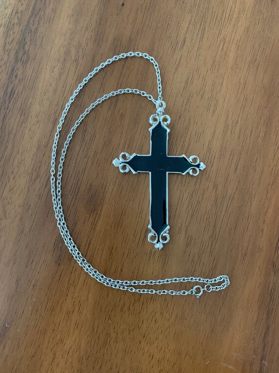 Vintage 1990s Cross Necklace Oversized Black Enamel Silver - Etsy