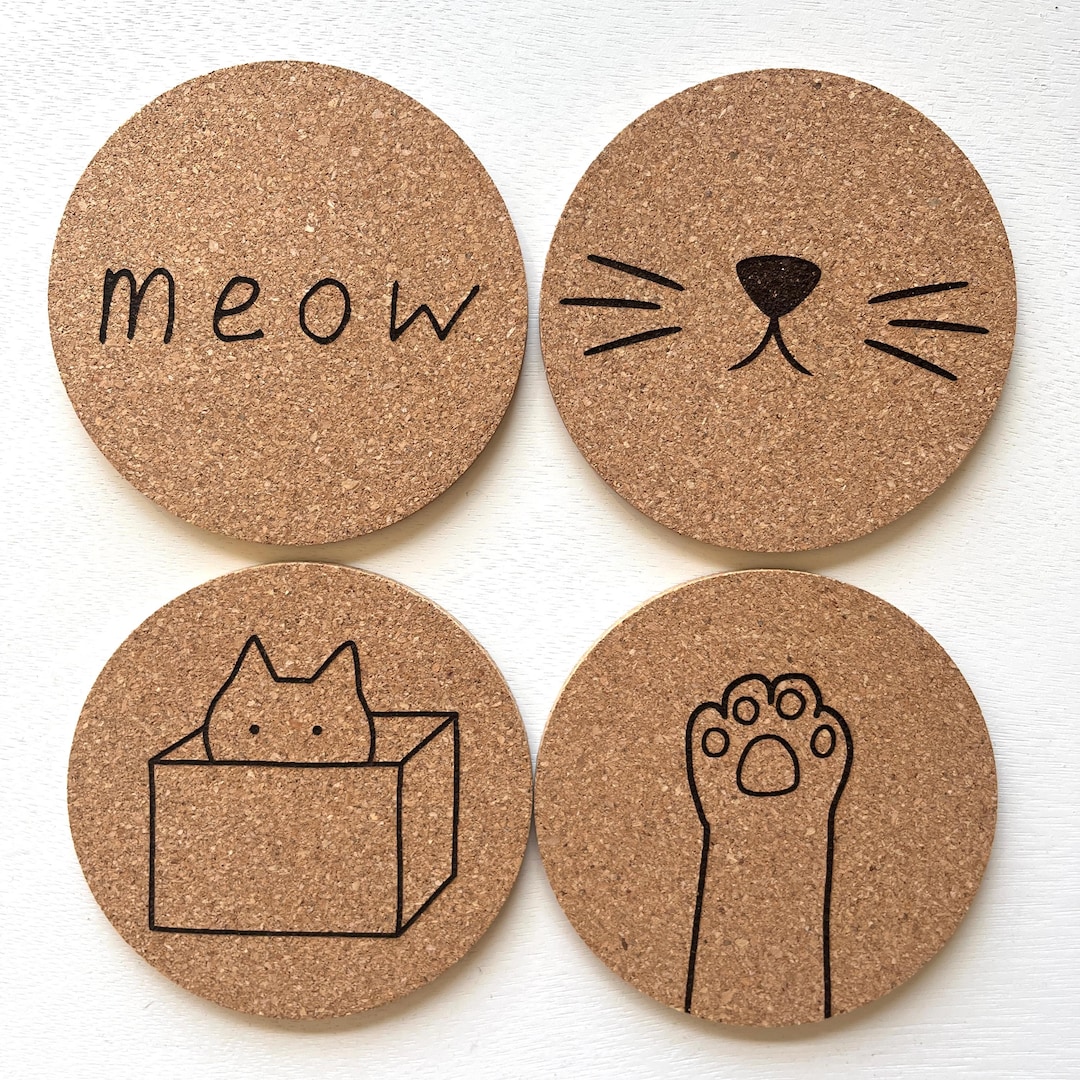 Cat Coasters 4-pack Cork Cute Kitty Paw Meow Whiskers Cat Lover Gift 4 ...