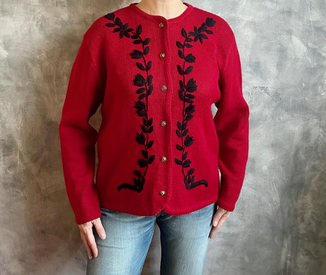 Red Floral Embroidered Cardigan / Crystal-cobe Size L - Etsy