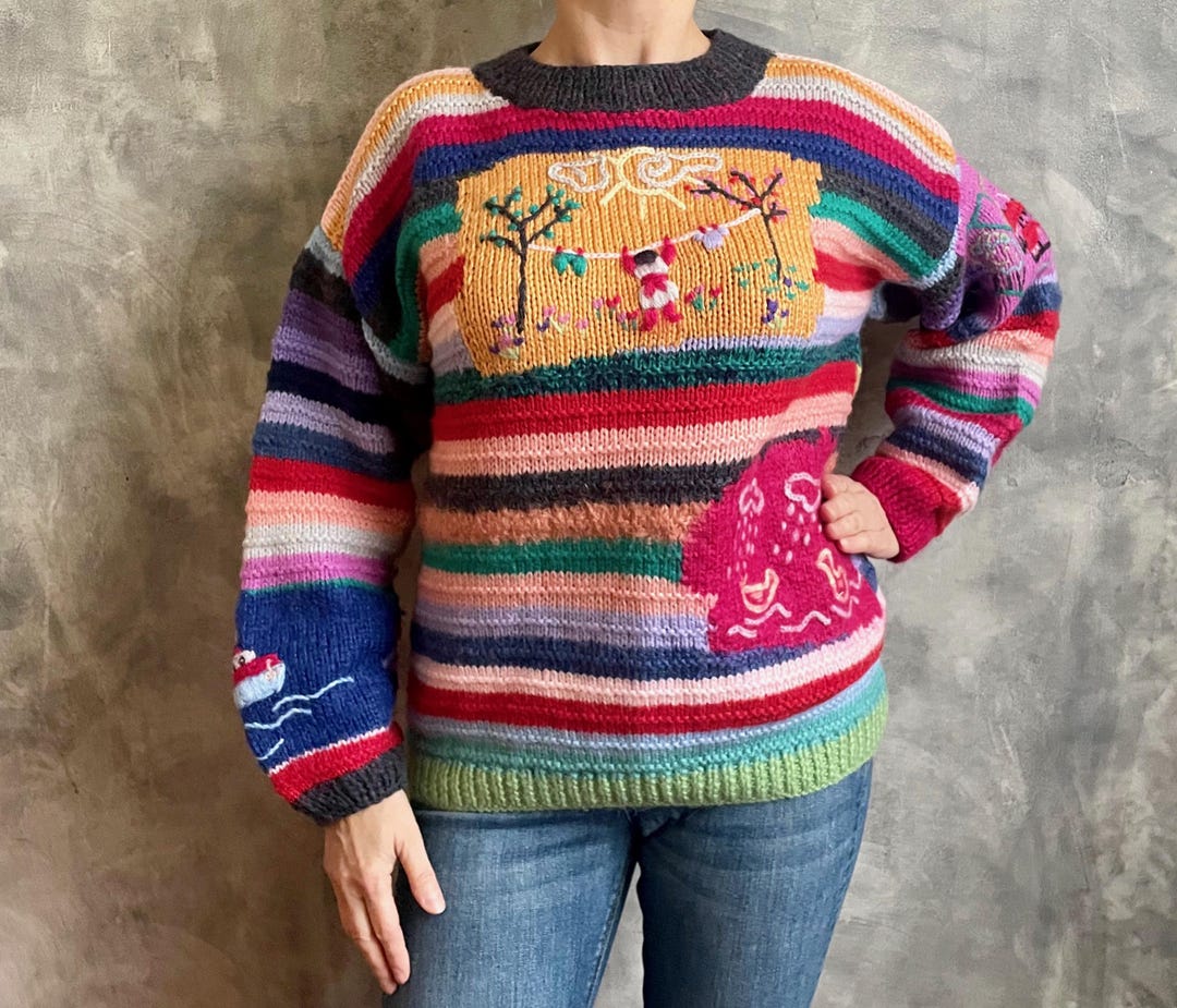 Vintage Hand Knitted Wool Blend Sweater With Landscape Embroidery ...