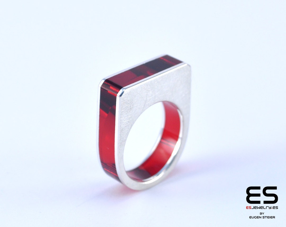 Ring Handmade Sterling Silver 925 Red Plexiglass Plexi Rivets Acrylic ...