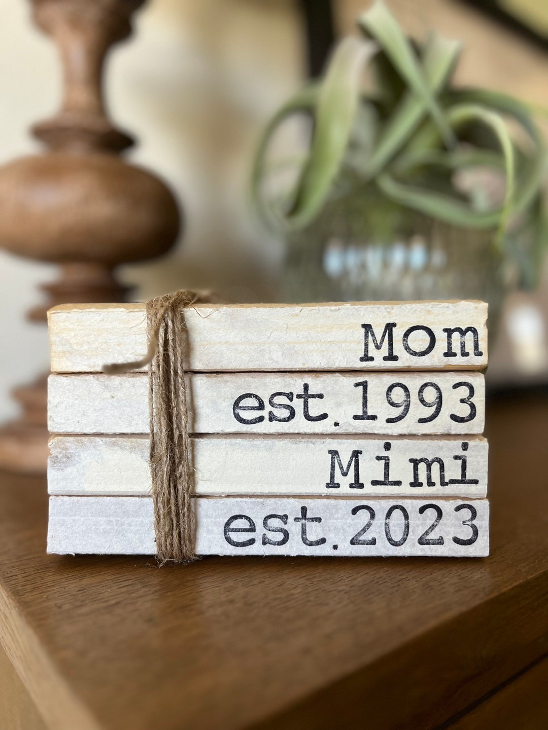 Mom and Mimi Book Stack, Stamped Books, Decorative Books, Shelf Decor ...