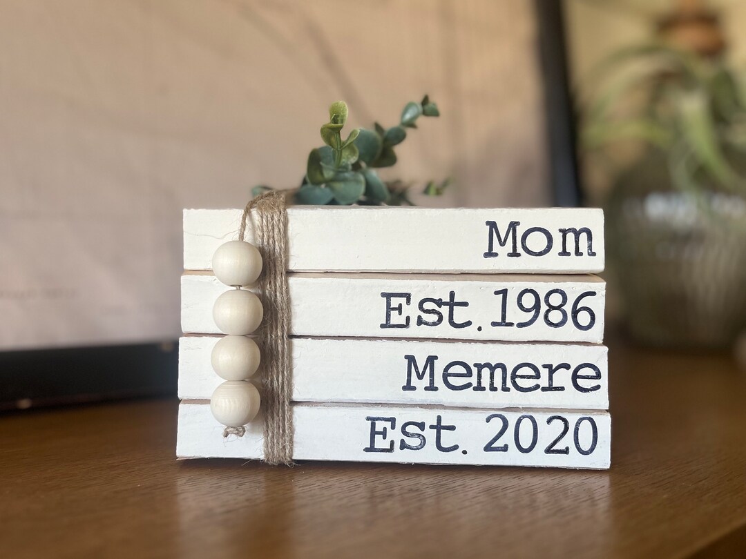 Mom and Mimi Book Stack, Stamped Books, Decorative Books, Shelf Decor ...