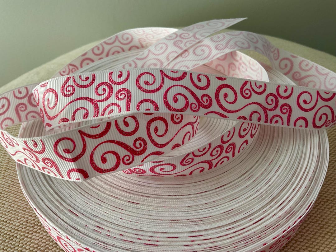 7/8” Feminine Rose Pink Glitter Scroll on White Grosgrain Ribbon by the ...