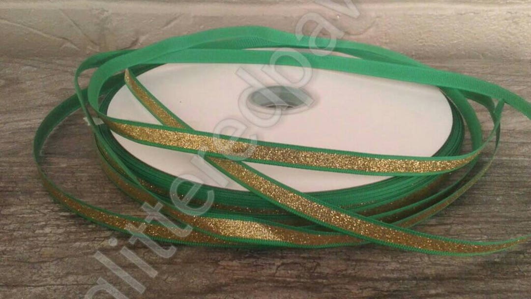 3 8 Gold Glitter Stripe On Emerald Grosgrain Ribbon Etsy
