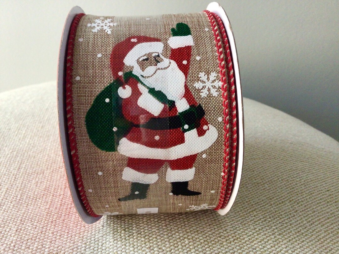 2 1/2” Christmas Santa on Tan Burlap Wired Ribbon Roll - Etsy
