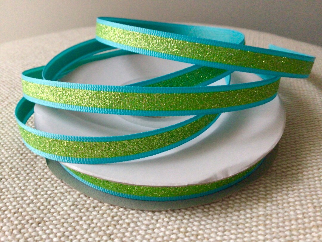3/8" Lime Green Glitter Stripe on Aqua Grosgrain Ribbon - Etsy