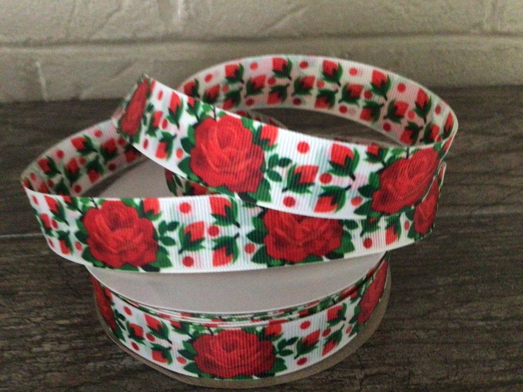 7/8” Red Roses on White Grosgrain Ribbon - Etsy