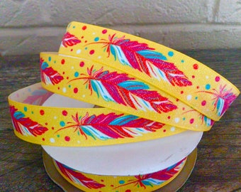 7/8 White & Gold Foil Feather Print Grosgrain Ribbon Tribal Feathers ...