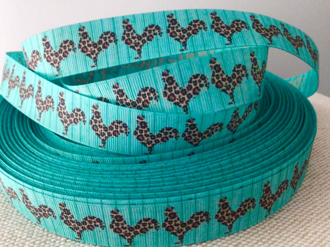 7/8” Leopard Print Rooster on Aqua Grosgrain Ribbon - Etsy