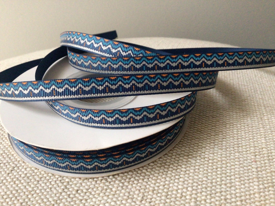 3/8” Reflective Aztec Design on Navy Blue Green Grosgrain Ribbon by the ...
