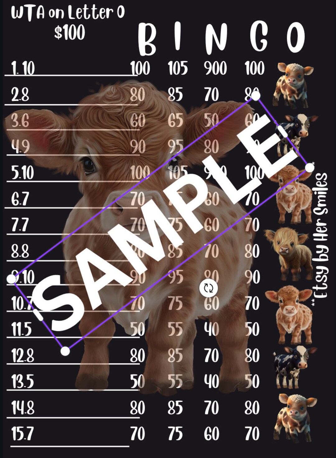 WTA 115 Bingo Board Cows - Etsy