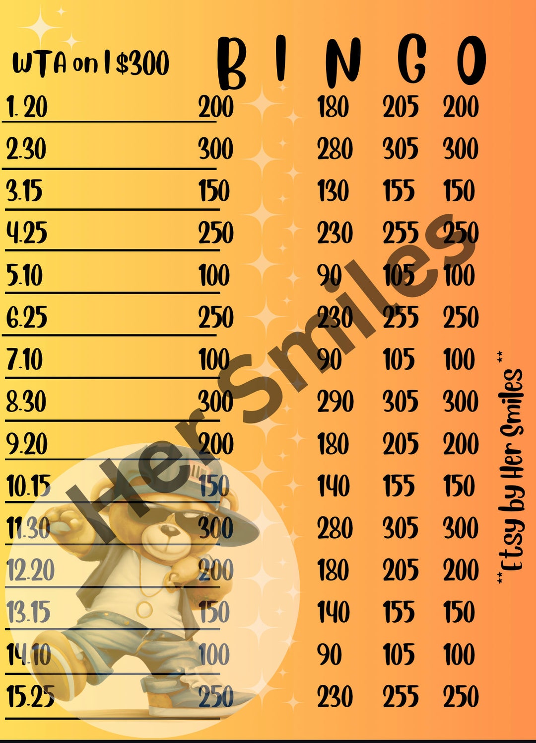 300 WTA Bingo Board Bear Theme - Etsy