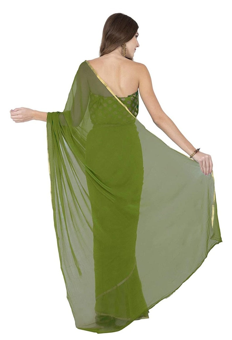 Green Chiffon Saree With Golden Border & Brocade Silk - Etsy