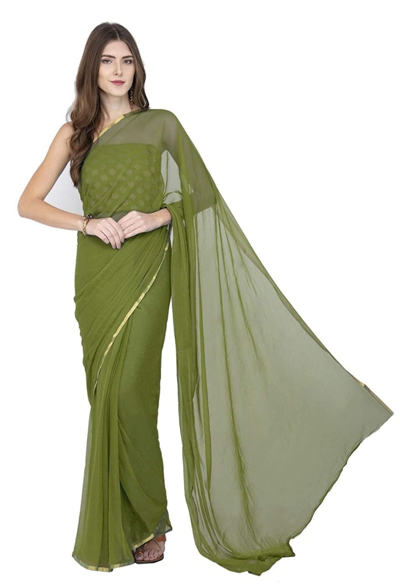 Green Chiffon Saree With Golden Border & Brocade Silk - Etsy