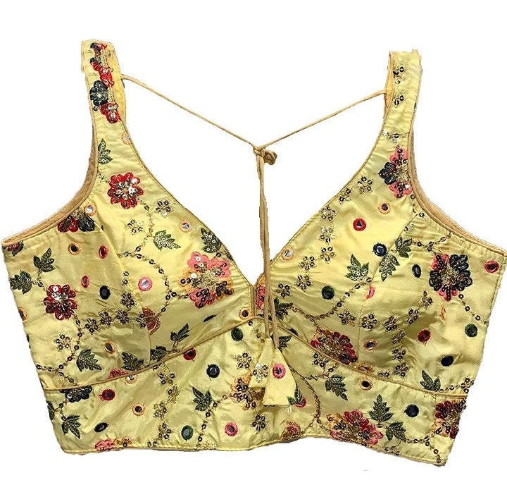 Yellow V cut Blouse Designer Embroidered ReadyMade Silk Blouse | Etsy