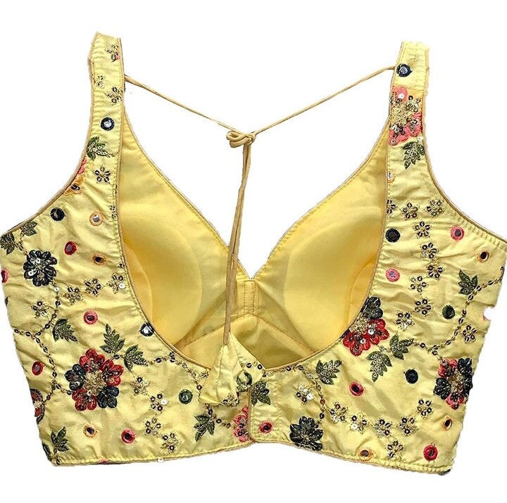 Yellow V cut Blouse Designer Embroidered ReadyMade Silk Blouse | Etsy
