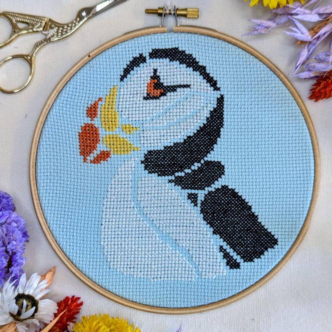 Beginner Puffin Cross Stitch Kit for Beginner Craft Kit Gift for Friend Beginner Cross Stitch ...