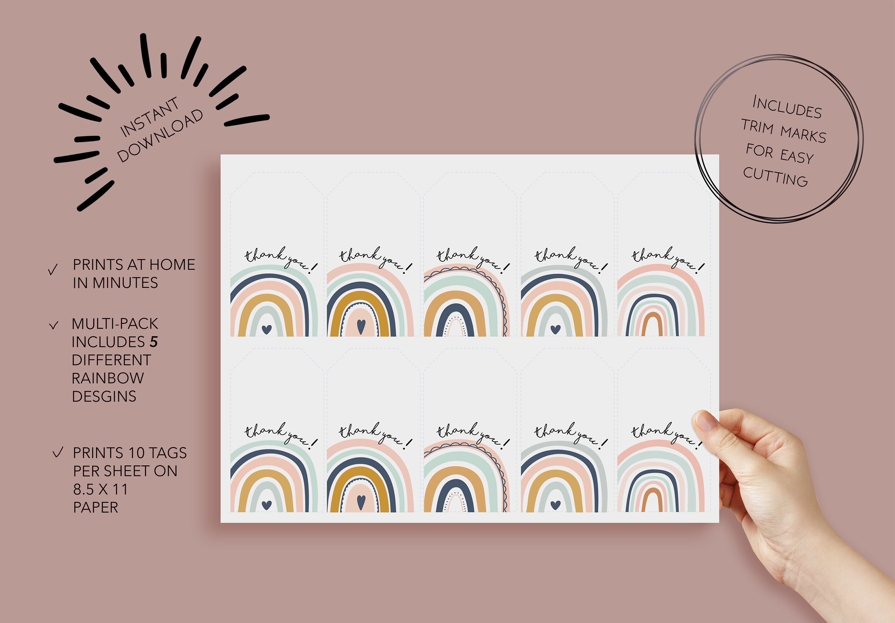 Boho Rainbow Multi-pack Thank You Tag Gift Tag Party Favor Printable ...