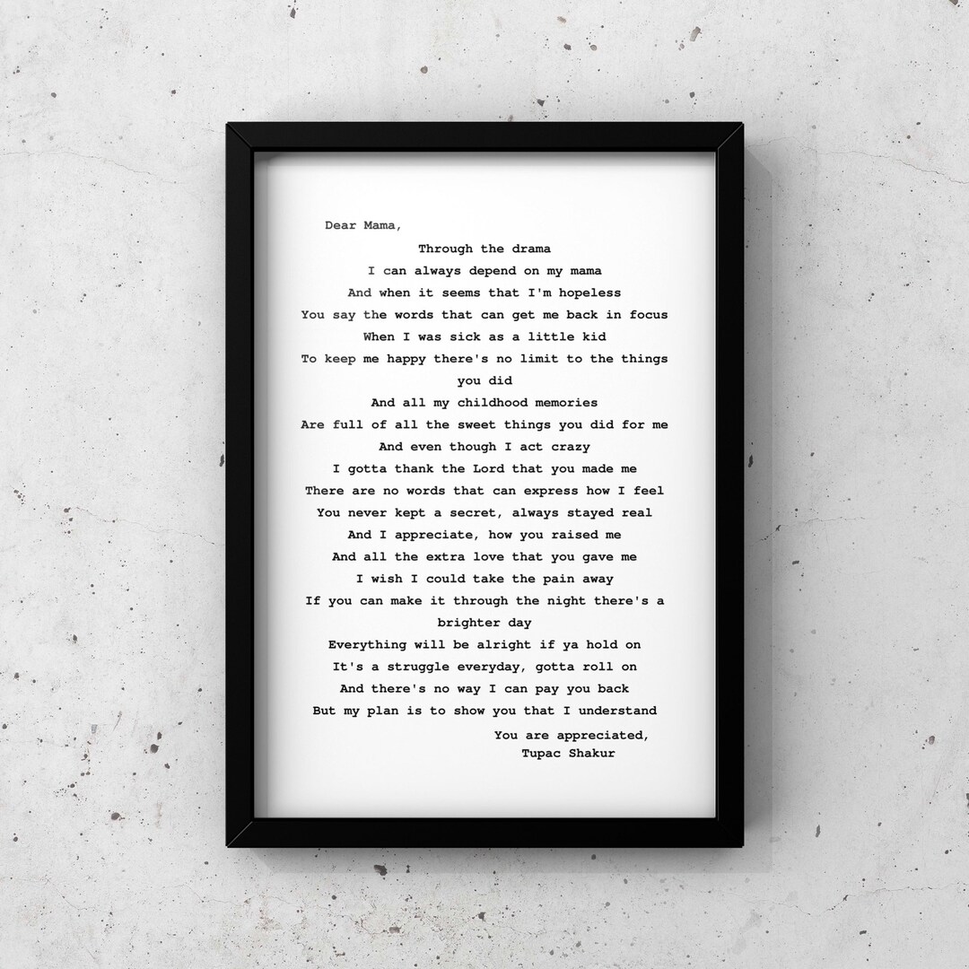 DOWNLOAD Dear Mama Rap Song Mothers Paper Gift Poster Print - Etsy