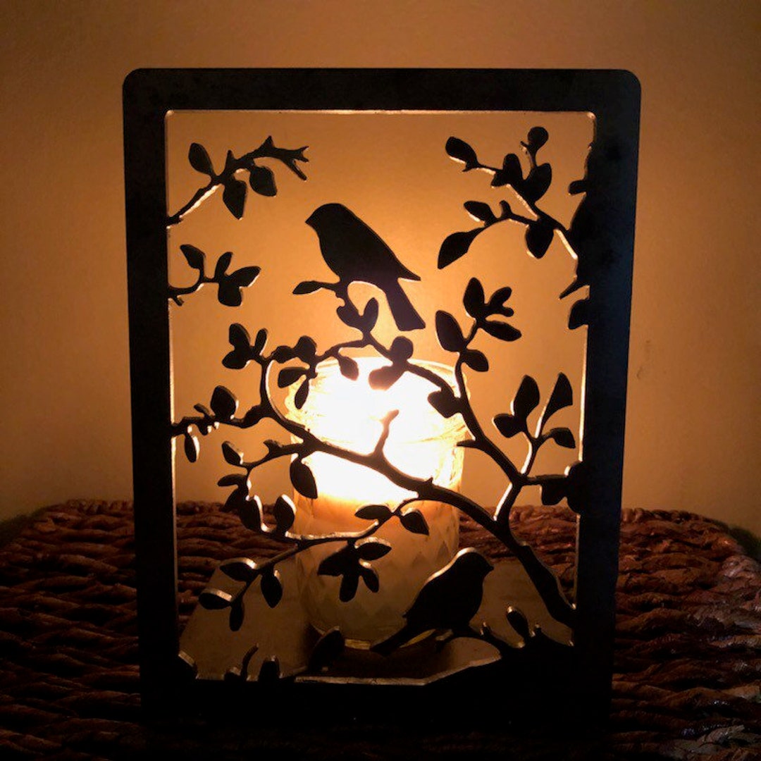 Birds and Leaves Black Solid Metal Candle Holder Illuminated Luminary ...