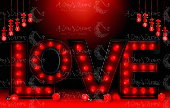 Red LOVE Lights Digital Backdrop | Etsy