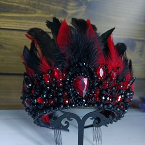 Black and Red Crown With Feathers Gothic Black and Red Tiara Wedding ...