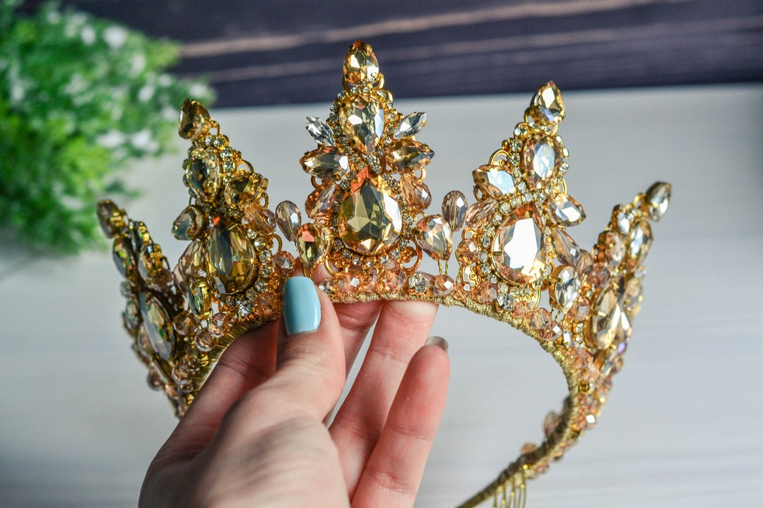 Royal Gold Wedding Crown Made With Rhinestones Incredibly Shining Gold ...