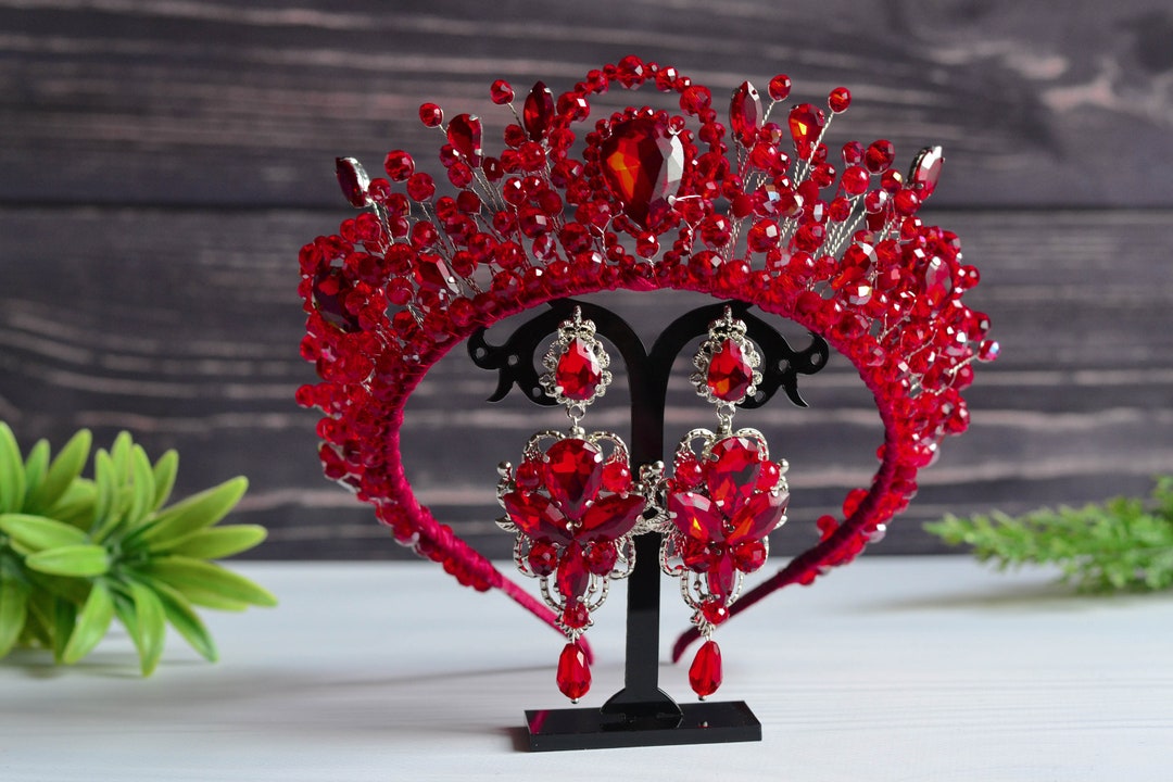Gothic Red Crystal Tiara and Earrings Set, Dark Bridal Crown, Festival ...
