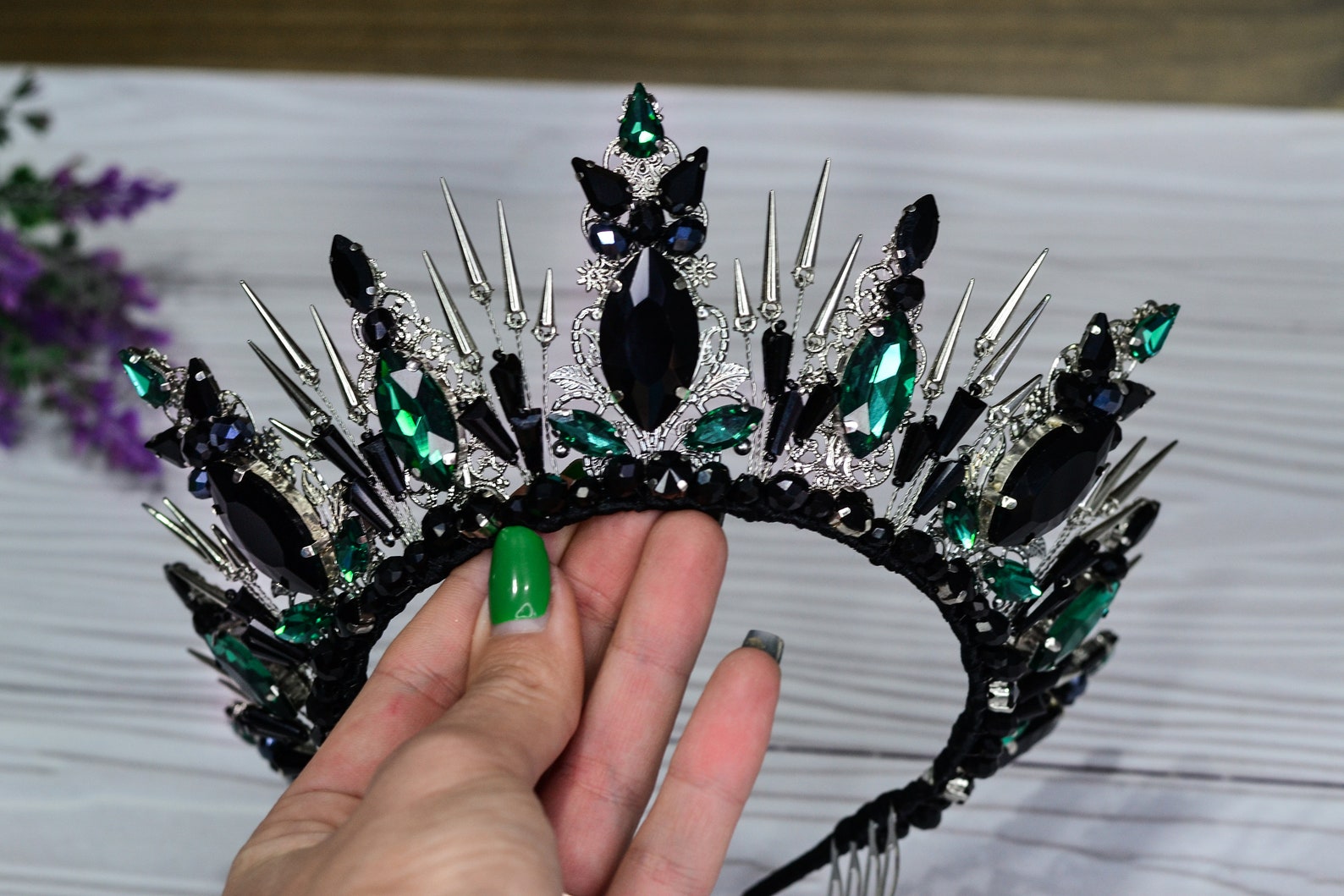 Purple Gothic Spiked Crown and Earrings, High Rhinestone Vampire Tiara ...