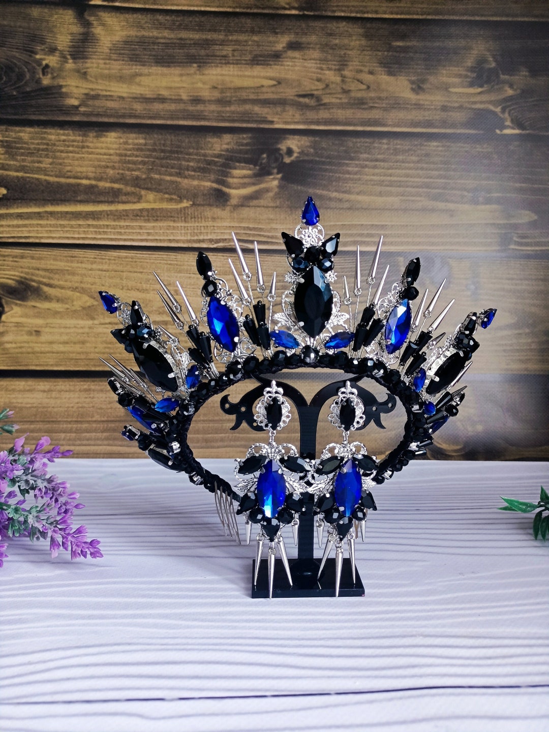 Purple Gothic Spiked Crown and Earrings, High Rhinestone Vampire Tiara ...