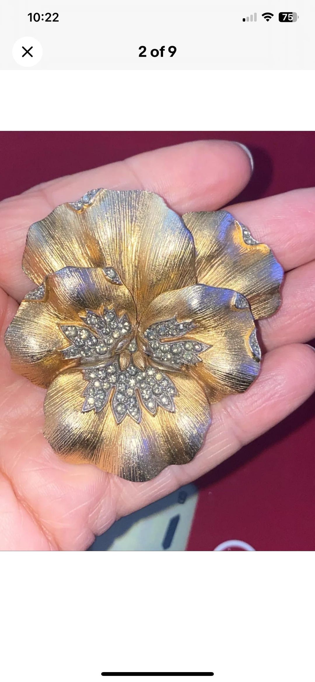 Crown Trifari Pansy Flower Brooch Pin Gold Tone Rhinestones Vintage ...
