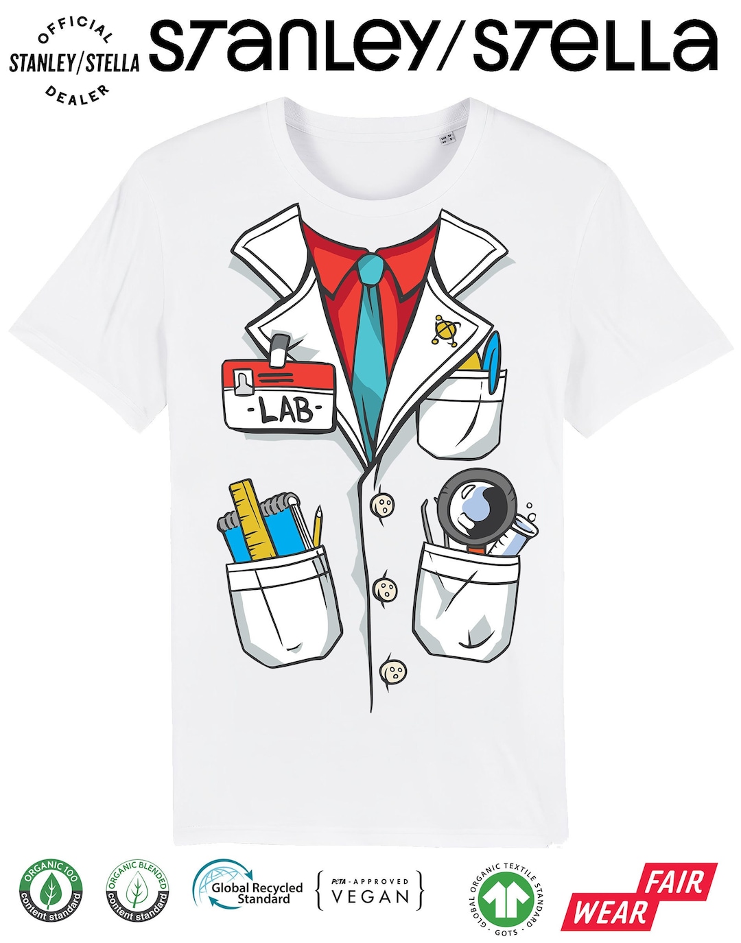 Science White Lab Costume Halloween T-shirt, Mens or Womens Fancy Dress ...
