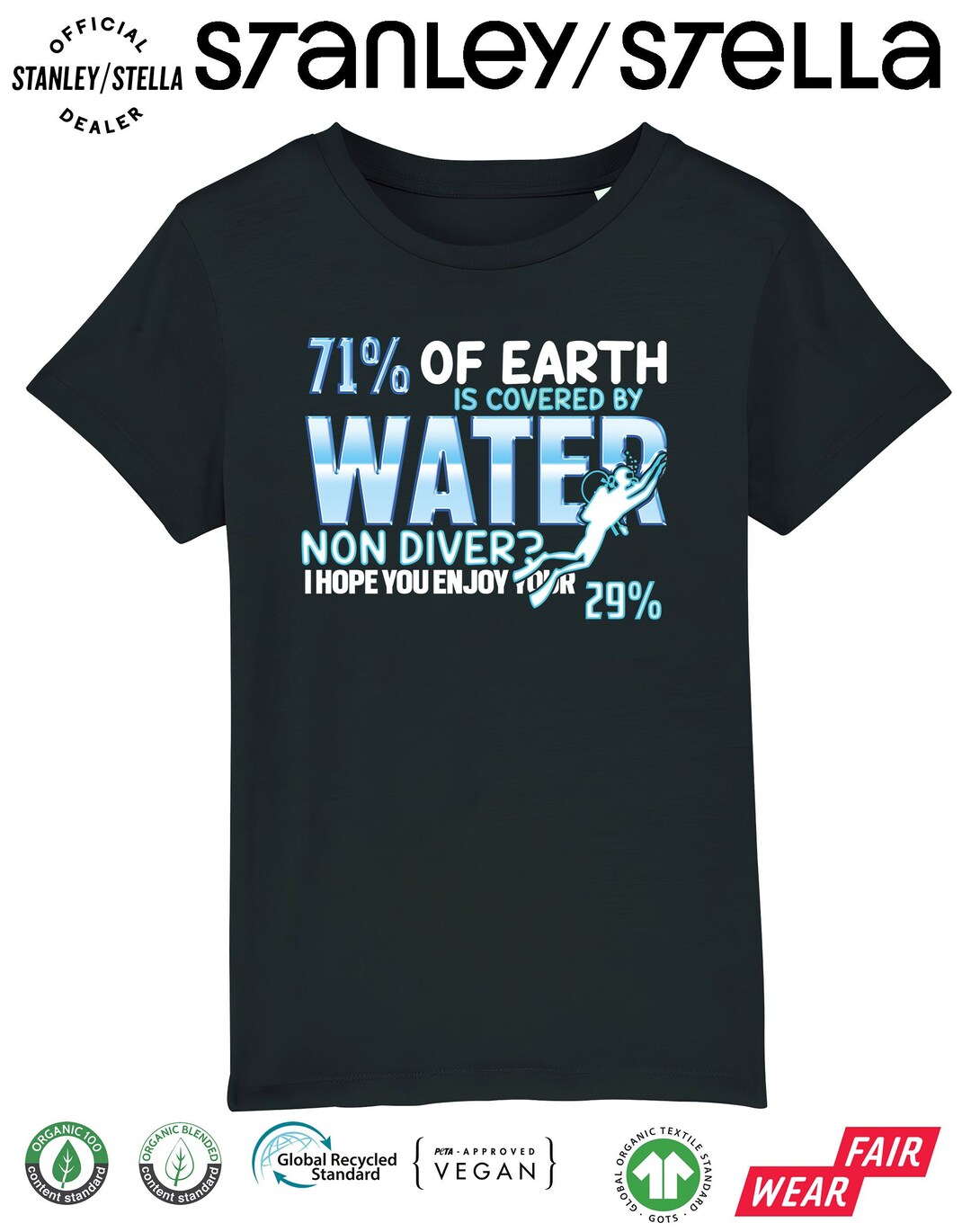 Kids Scuba Diving T-shirt, 71% Earth Covered Water Non Diver 29 Percent ...