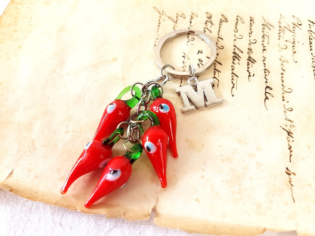 Red Pepper Glass Evil Eye Keyring, Personalized Keychain With Letter ...