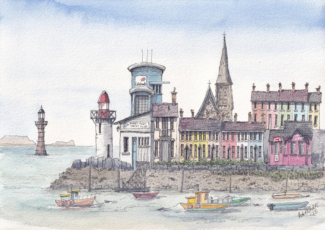 Watercolour Caricature Print of Burry Port Harbour & Whiteford ...