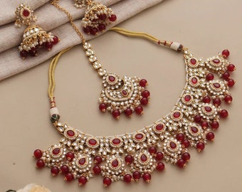 Yanascreationandco Maroon Kundan Necklace with Earrings and Maang Tikka punjabi bridal Pakistani Wedding jewellery bollywood Jewelry Deep Red