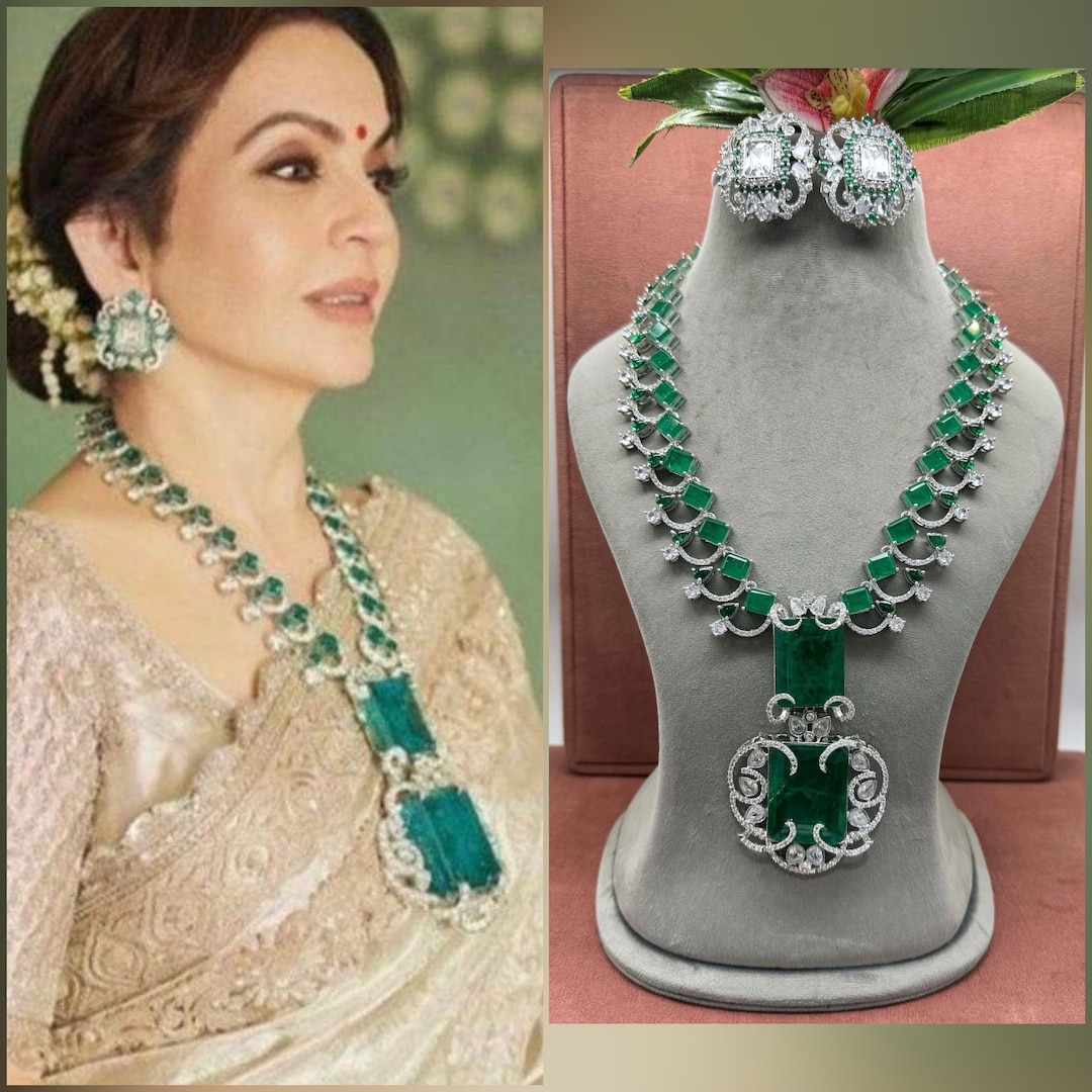 Nita Ambani Inspired Royal Emerald Green Zirconium Faux Diamond ...