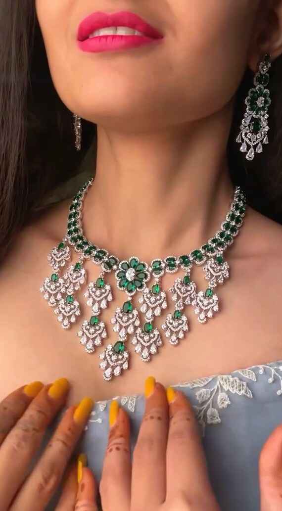 Beautiful Emerald Green Necklace Set indian Bridal Jewellery cz Diamond Emerald Necklace Set necklace and Earrings kundan Wedding Jewelry Etsy