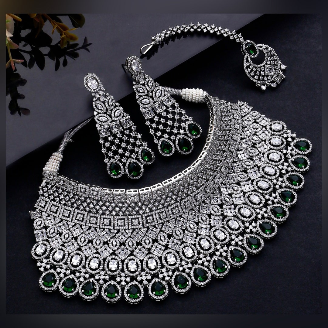 Heavy Bridal Emerald Green American Diamond Choker Set,indian Bridal ...