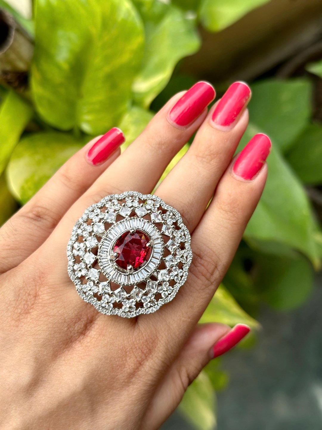 Red Cocktail Ring, Statement Ring, Wedding Jewellery ,silver ,zircon ...