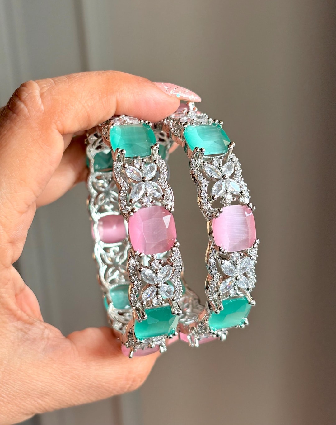 AMARA Mint Pink American Diamond Bangle Set AD Zircon Bangle Set of 2 ...