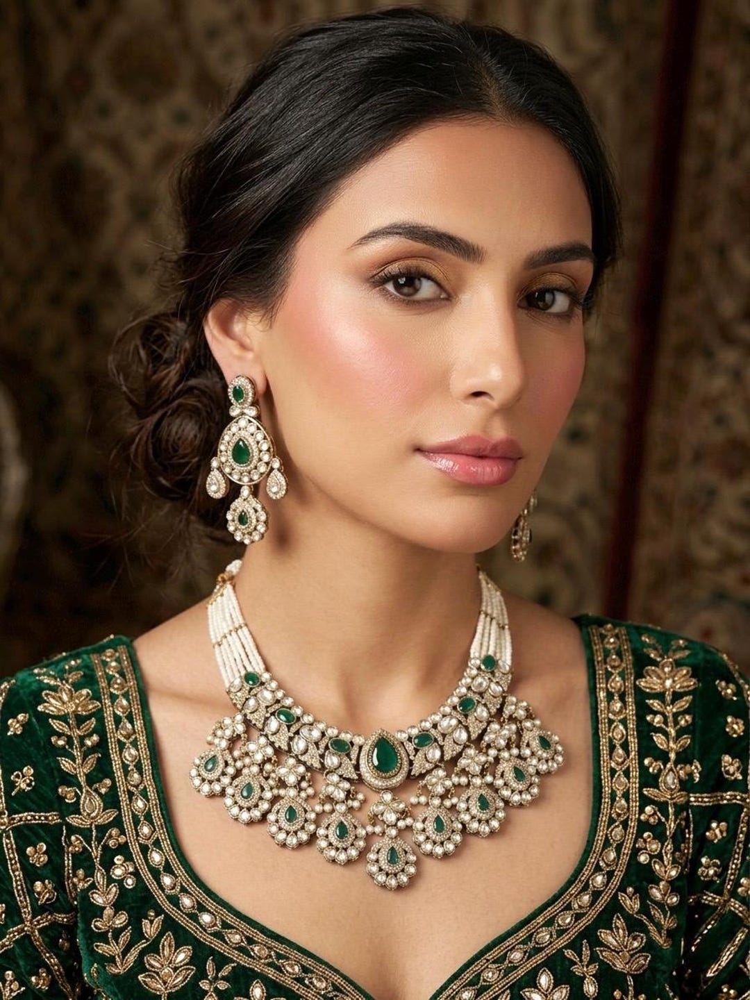 ASHI Emerald Green Kundan Choker Necklace Set in Antique Golden Polish ...
