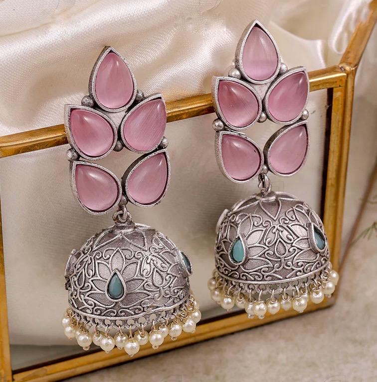 Pink stone jhumkas store